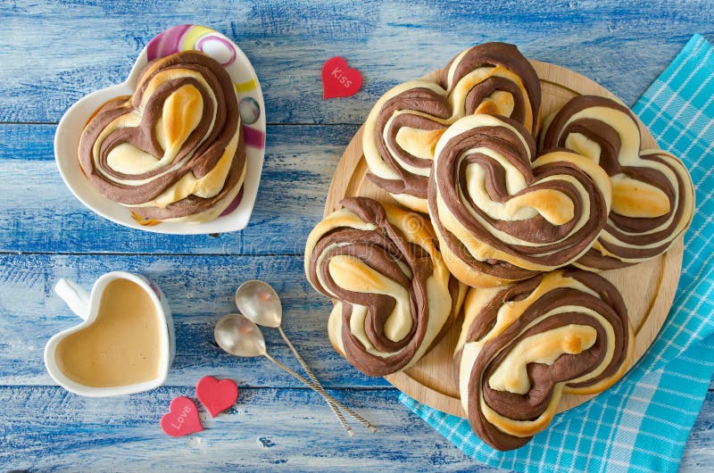 Breakfast with Coffee and Bun Heart. Wish Good Morning Stock Photo ...