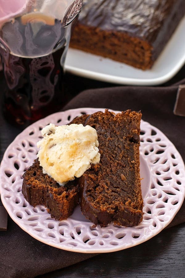 Sweet Chocolate Cola Cake Served with Ice-cream Stock Image - Image of ...