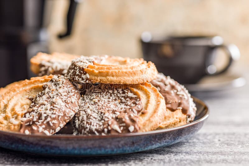 Sweet Chocolate Cookies on Plate on Kitchen Table Stock Image - Image ...