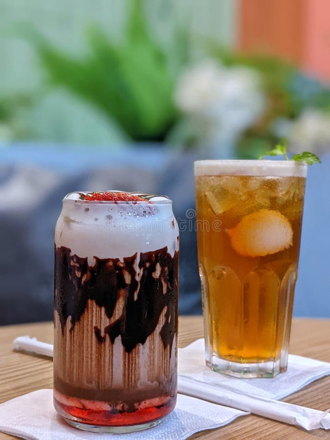 Sweet Chocolate Ice Float and Lychee Ice Tea Stock Image - Image of ...