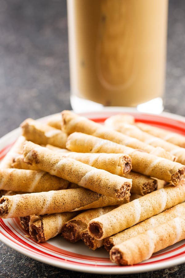 Sweet Chocolate Waffle Rolls. Stock Image - Image of crispy, plate ...