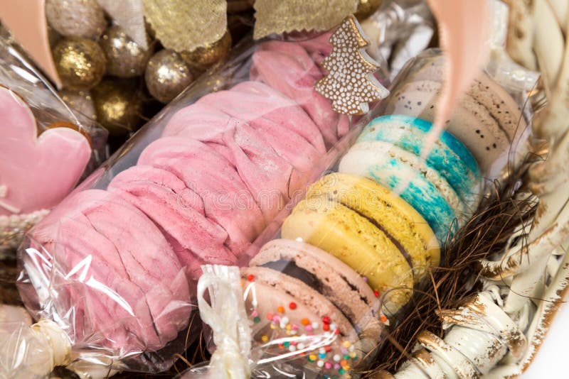 Sweet Christmas Present in Basket with Pastry Stock Image - Image of ...