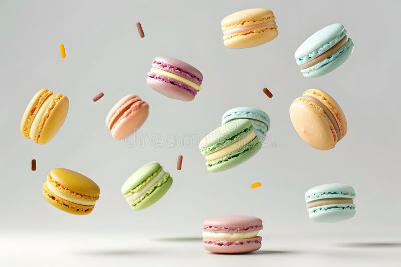Floating Colorful Macarons on White Background Stock Photo - Image of ...