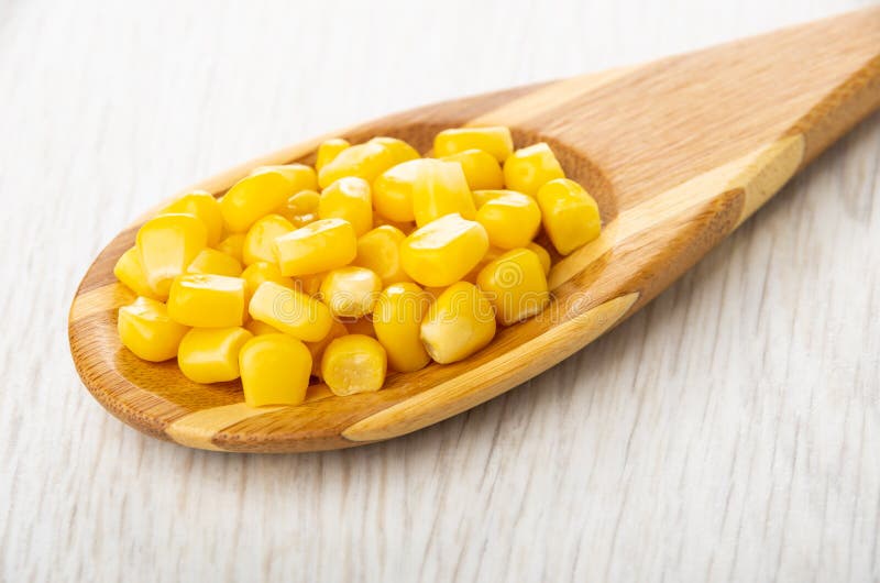 Sweet Corn in Bamboo Spoon on Table Stock Photo - Image of close, corn ...