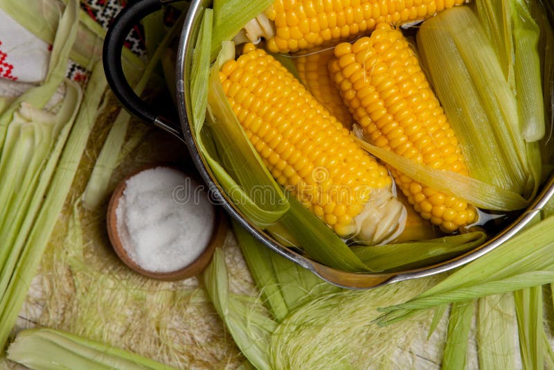 Sweet Corn Boil with Salt. Cooked Sweet Corn in Pot on Wooden Table ...