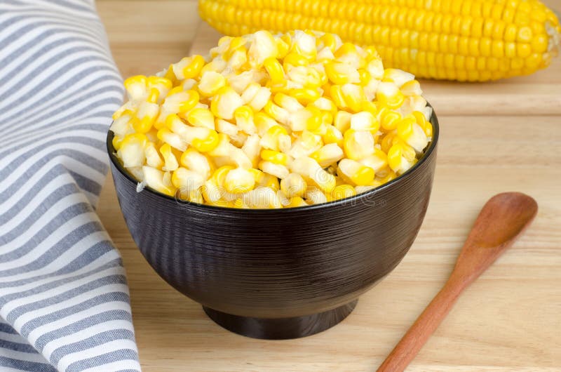 Sweet Corn in Bowl on Wooden Table with Napkin Stock Photo - Image of ...