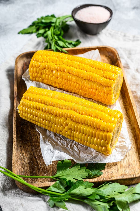 Sweet Corn on the Cob. Organic Farm Vegetables. Gray Background. Top ...