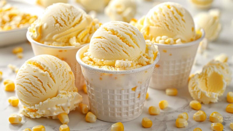 Sweet Corn Ice Cream Scoops Served in Waffle Cups with Kernels on a ...