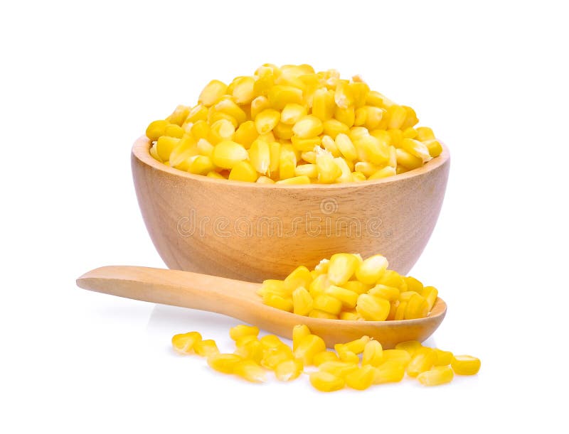 Sweet Corn in Wooden Bowl and Spoon Isolated on White Stock Photo ...