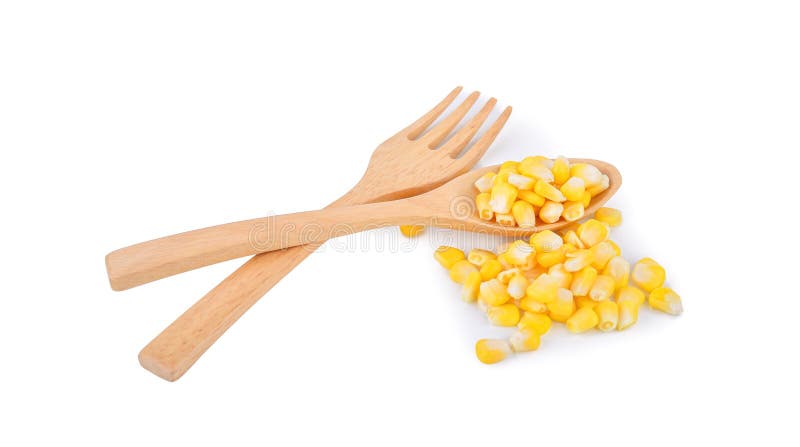Sweet Corn with Wooden Spoon and Fork Isolated on White Background ...