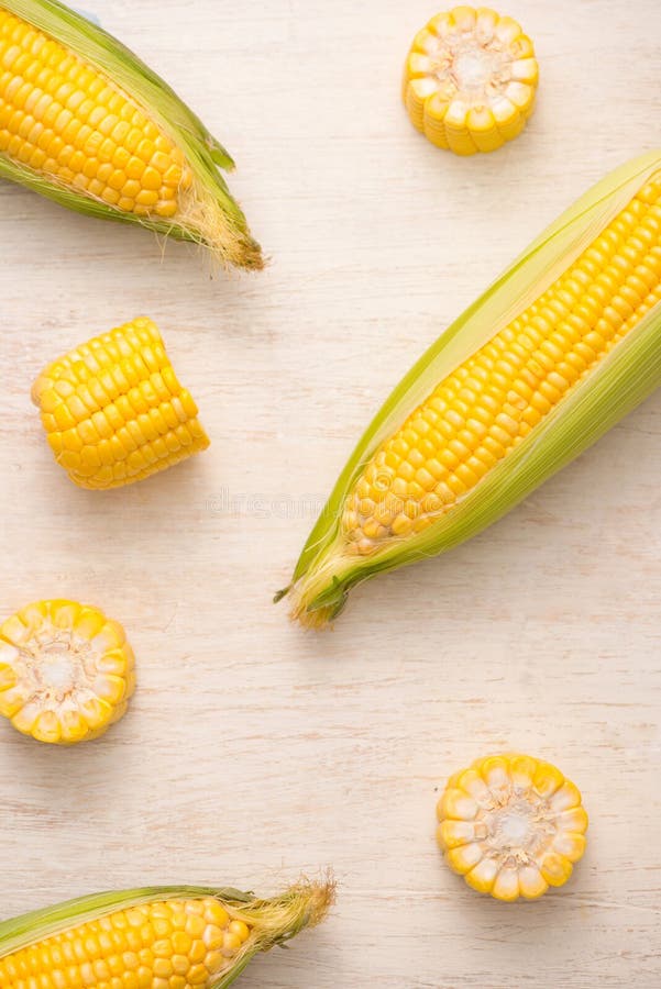 Sweet Corns. Fresh Corn on Cobs on Wooden Table. Stock Image - Image of ...