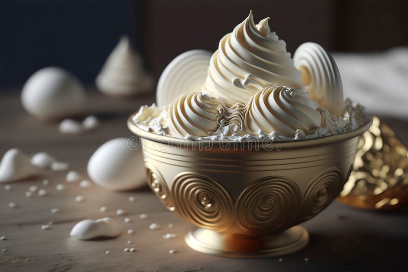 Sweet Cream in Gold Plate on Grey Background Stock Illustration ...