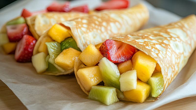 Sweet Crepes Wrapped in Paper with Fresh Fruit. Stock Photo - Image of ...