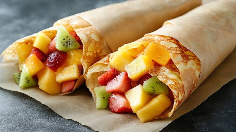 Sweet Crepes Wrapped in Paper with Fresh Fruit. Stock Photo - Image of ...