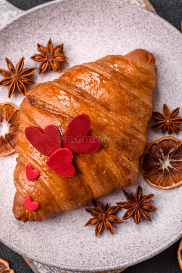 Sweet Crispy Croissant Decorated with Red Hearts Stock Image - Image of ...