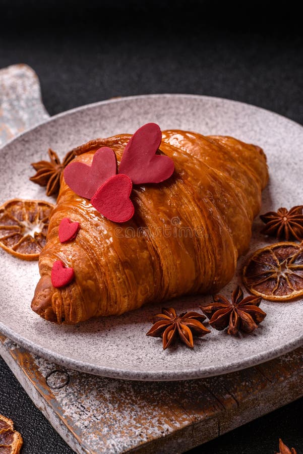Sweet Crispy Croissant Decorated with Red Hearts Stock Image - Image of ...