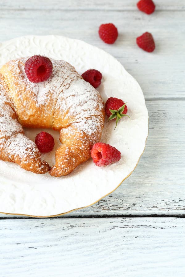 Sweet Croissant with Raspberry Stock Image - Image of wooden, roll ...