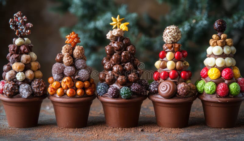 Sweet Delights: Chocolate Trees with Candies and Nuts on Table in Front ...