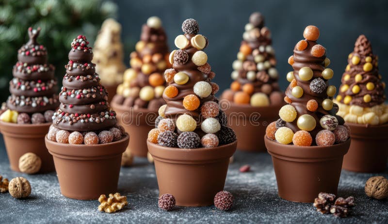 Sweet Delights: Chocolate Trees with Candies and Nuts on Table in Front ...