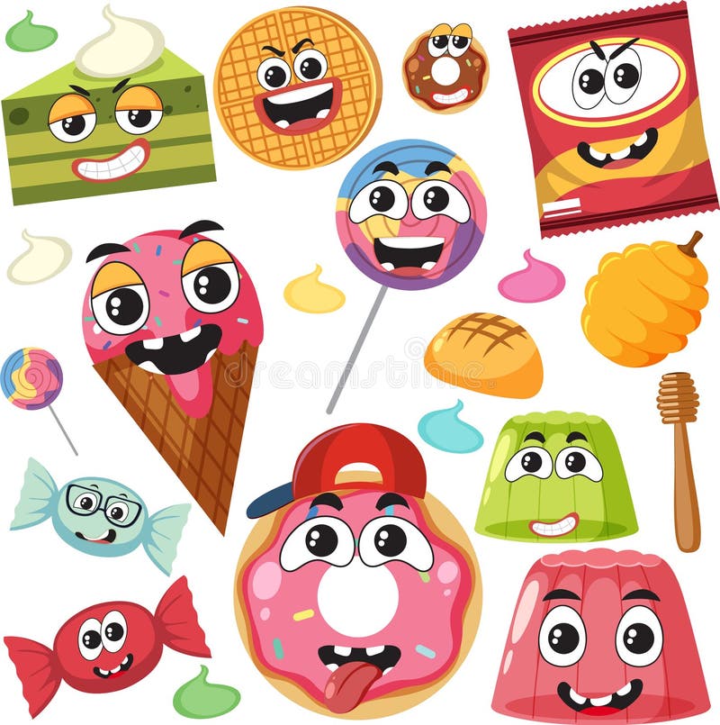 Sweet Dessert Cartoon Characters Set Stock Vector - Illustration of ...
