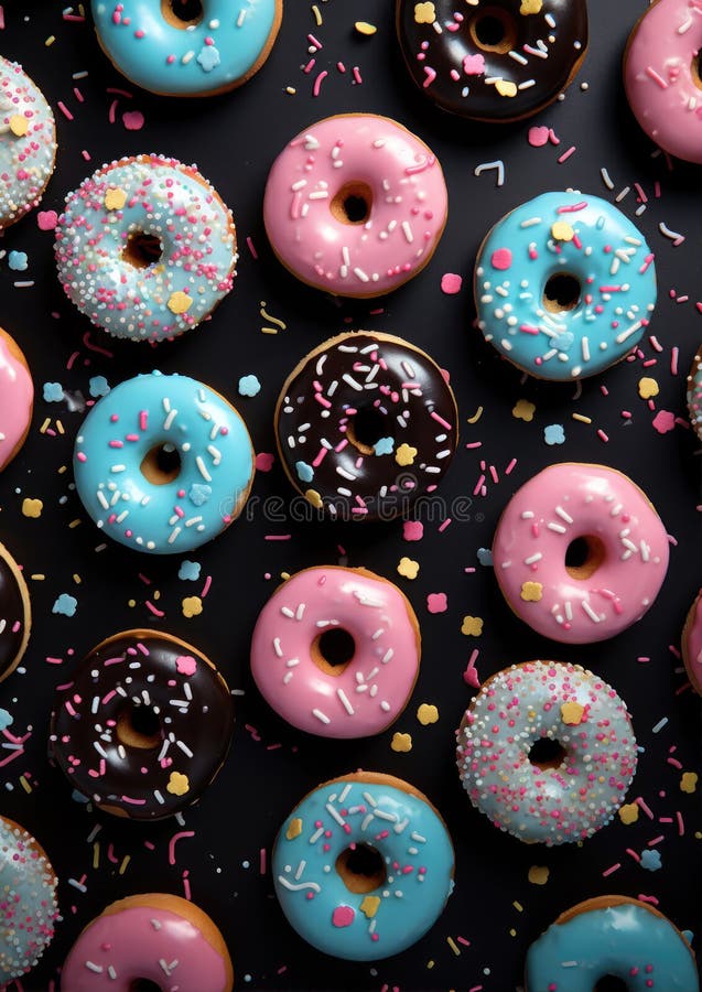 Sweet Donuts in Blue Pink Colors from Top View. Assorted Finest Donuts ...