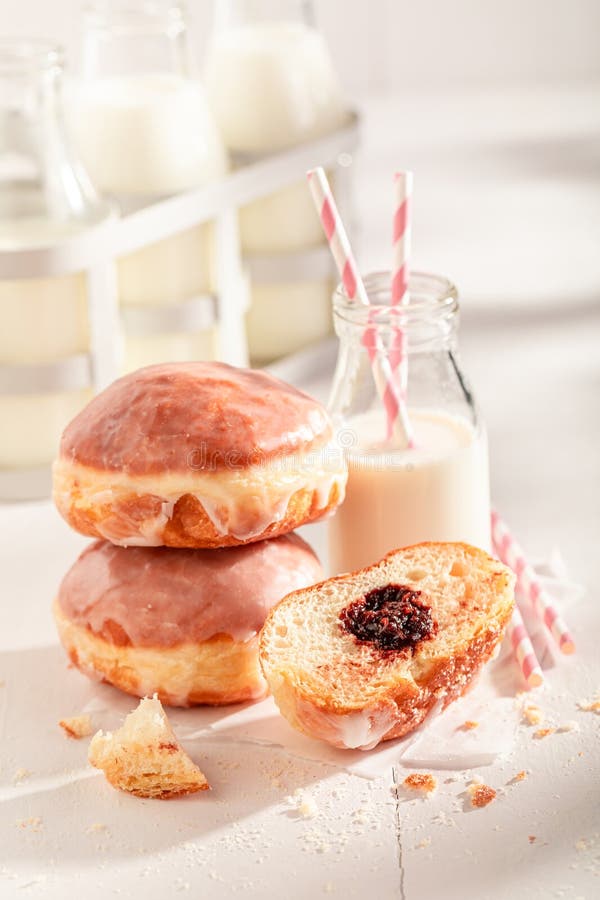 Sweet Doughnuts Served with Milk in Bottle Stock Photo - Image of ...