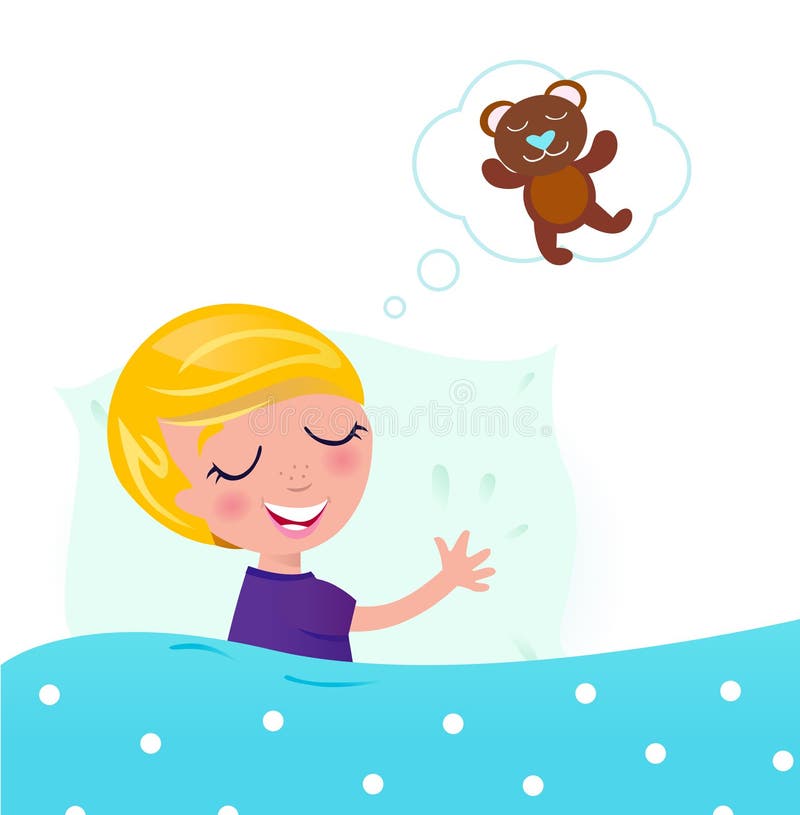 Small Boy with His Teddy Bear Sleeping in Bed Stock Vector ...