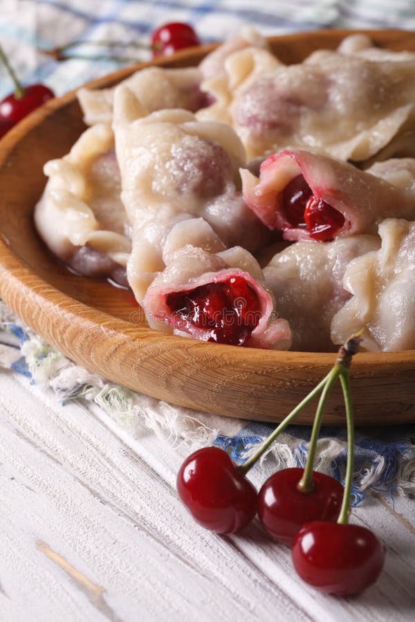 Sweet Dumplings with Cherry Close-up. Vertical, Rustic Stock Image ...