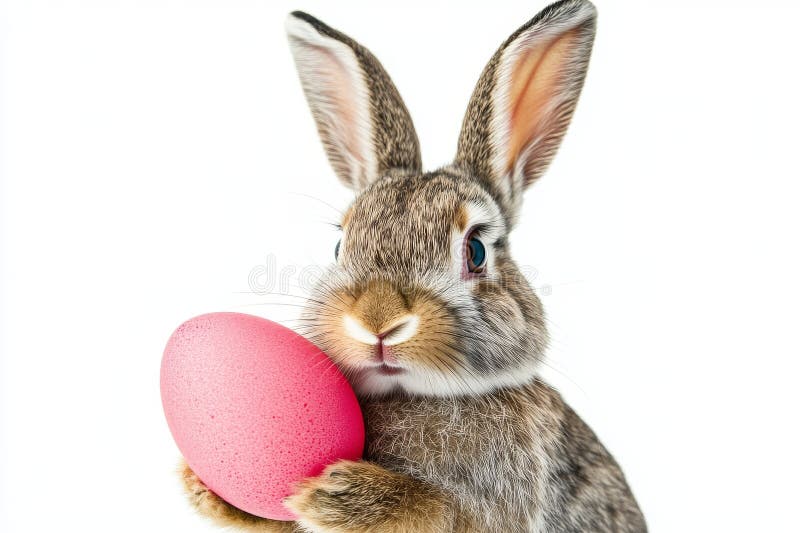 Sweet Easter Bunny Holding a Pink Easter Egg, Pictured on a Plain White ...