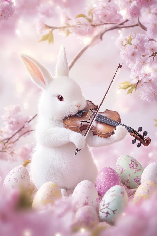 A Sweet Easter Bunny Playing the Violin, Surrounded by Softly Falling ...