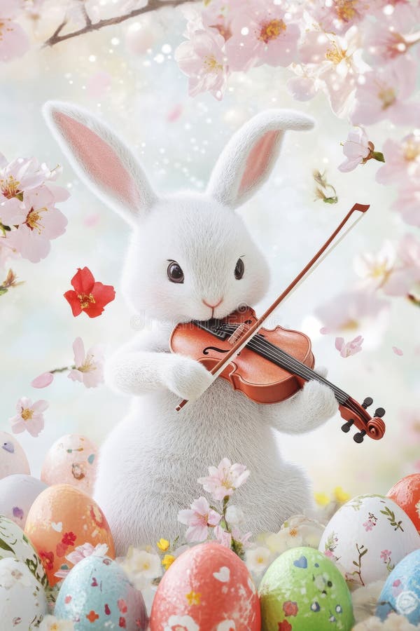 A Sweet Easter Bunny Playing the Violin, Surrounded by Softly Falling ...