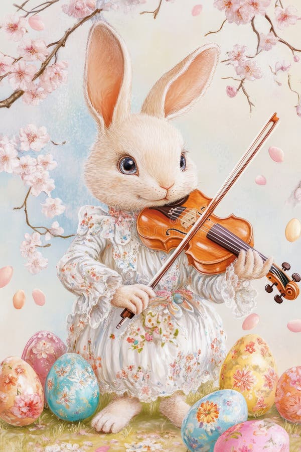 A Sweet Easter Bunny Playing the Violin, Surrounded by Softly Falling ...