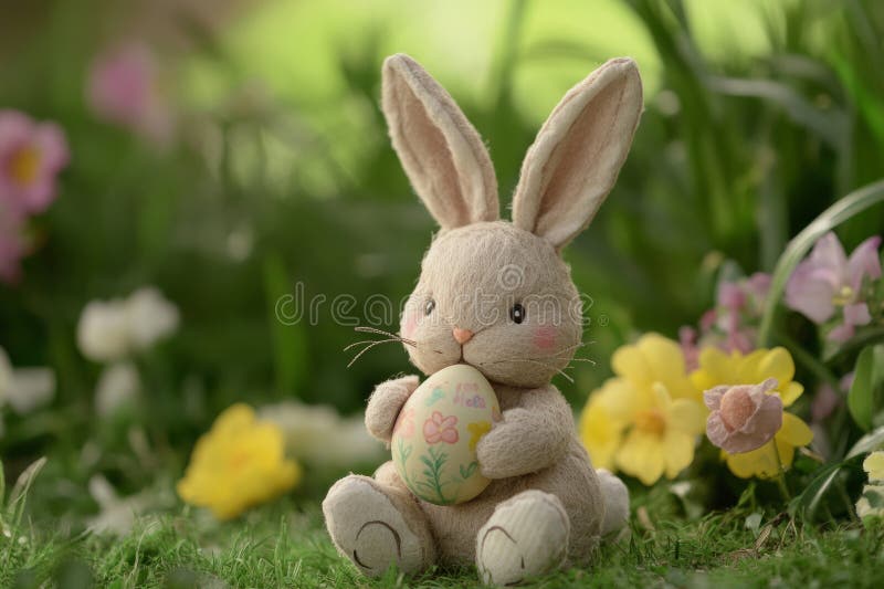 A Sweet Easter Bunny Sitting on a Patch of Grass, Surrounded by Pastel ...