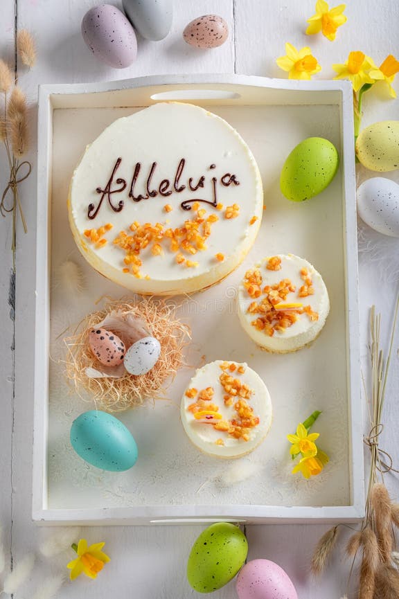 Sweet Easter Cake Surrounded by Spring Flowers and Eggs Stock Image ...