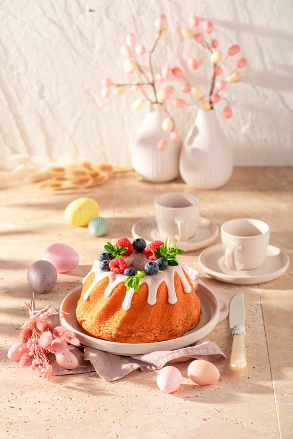 Sweet Easter Ring Cake with Lemon Icing and Fruit Stock Photo - Image ...