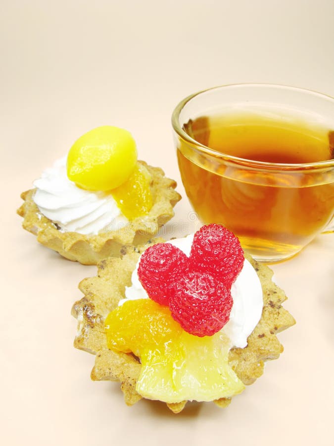 Sweet Fancy Cakes with Fruits and Tea Stock Image - Image of biscuits ...