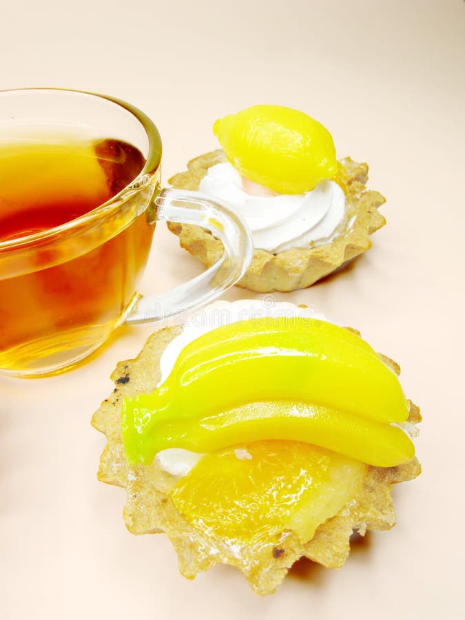 Sweet Fancy Cakes with Fruits and Tea Stock Image - Image of dessert ...