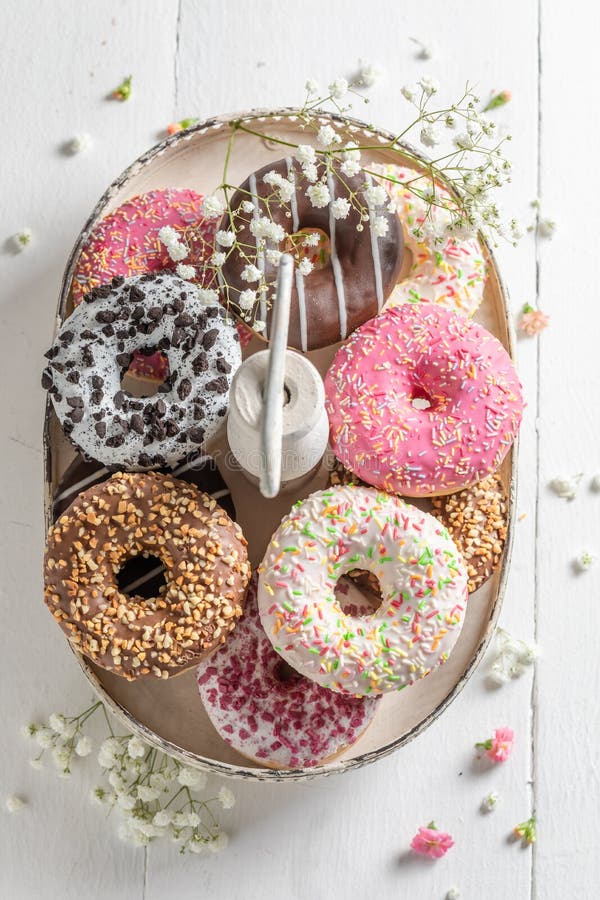 Sweet and Fresh Donuts with Colorful Decorations Stock Photo - Image of ...