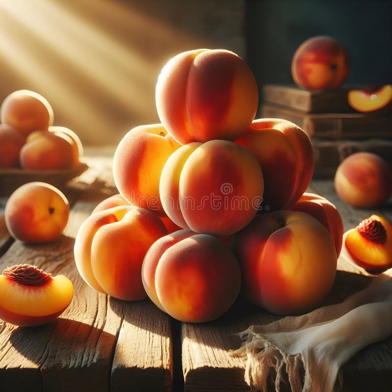 Sweet Harmony: Three Peaches Stacked in Delicate Balance. Stock ...