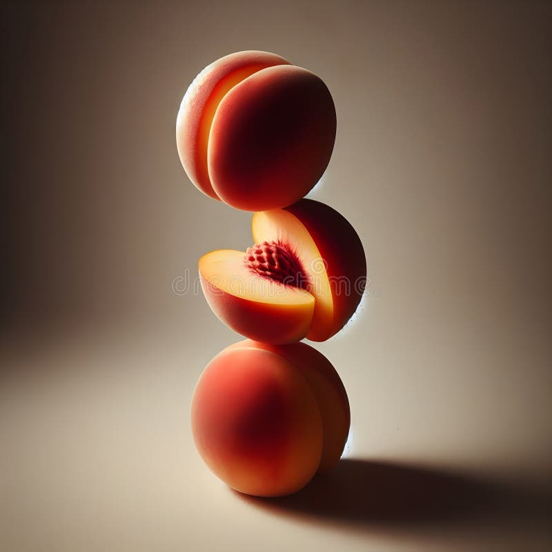 Sweet Harmony: Three Peaches Stacked in Delicate Balance. Stock ...