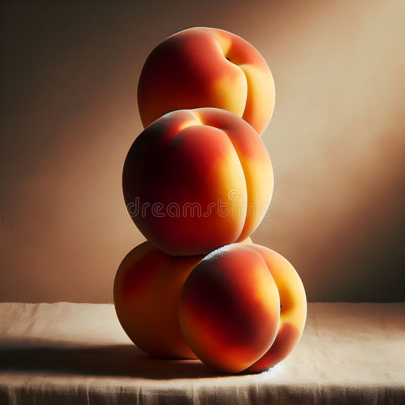 Sweet Harmony: Three Peaches Stacked in Delicate Balance. Stock ...