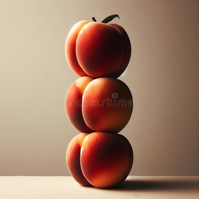 Sweet Harmony: Three Peaches Stacked in Delicate Balance. Stock ...