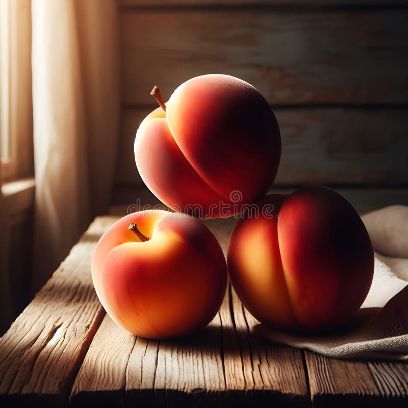 Sweet Harmony: Three Peaches Stacked in Delicate Balance. Stock ...