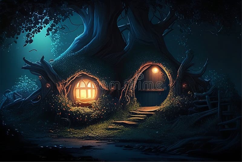 Sweet Hobbit Home, with Night View in Forest, Wallpaper, Digital Art ...