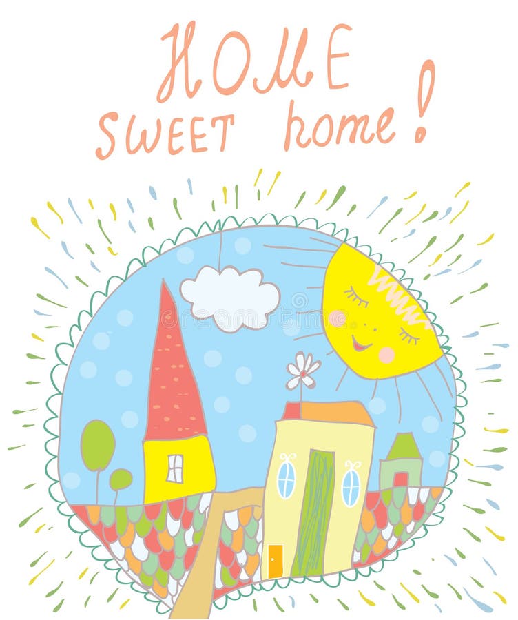 Sweet Home Card with Town and Sun Stock Vector - Illustration of floral ...