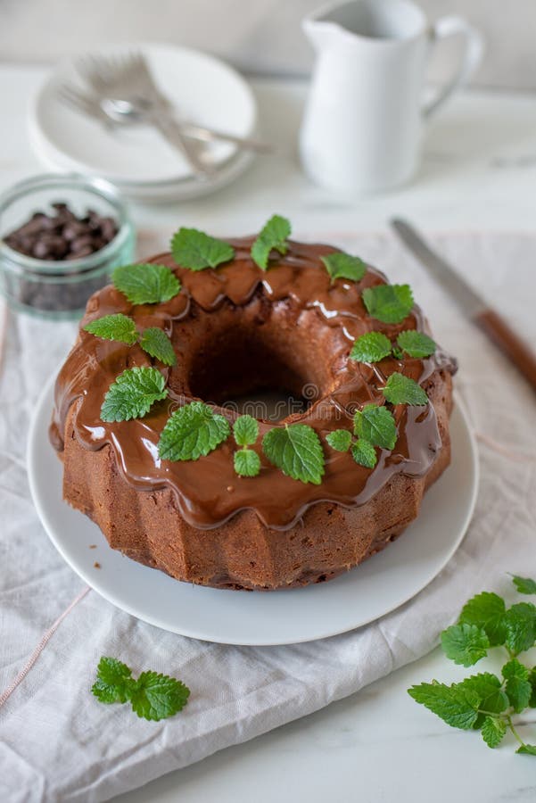 Sweet Home Made Chocolate Bundt Cake with Mint Stock Photo - Image of ...