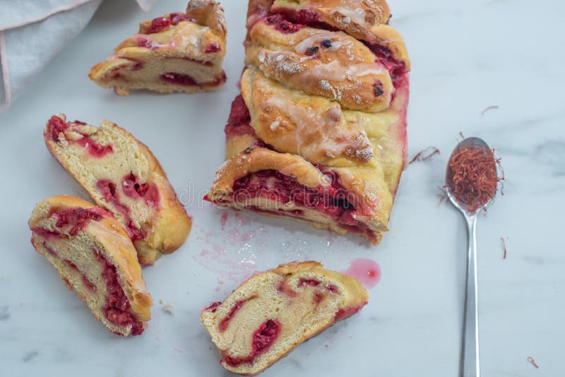 Sweet Home Made Saffron Raspberry Babka Stock Photo - Image of festive ...