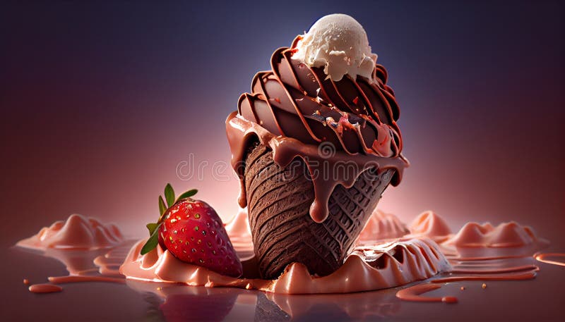 Sweet Ice Cream Cone with Strawberry ,generative AI Stock Illustration ...