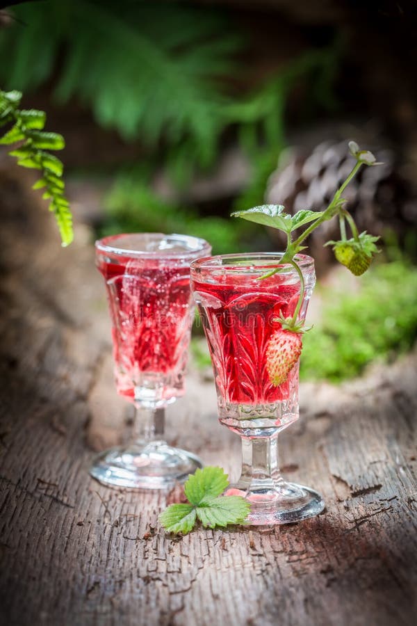 Sweet Liqueur with Wild Strawberry and Alcohol in Forest Stock Photo ...