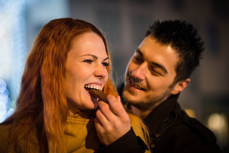 Sweet Love Couple Eating Chocolate Stock Image Image Of Feed